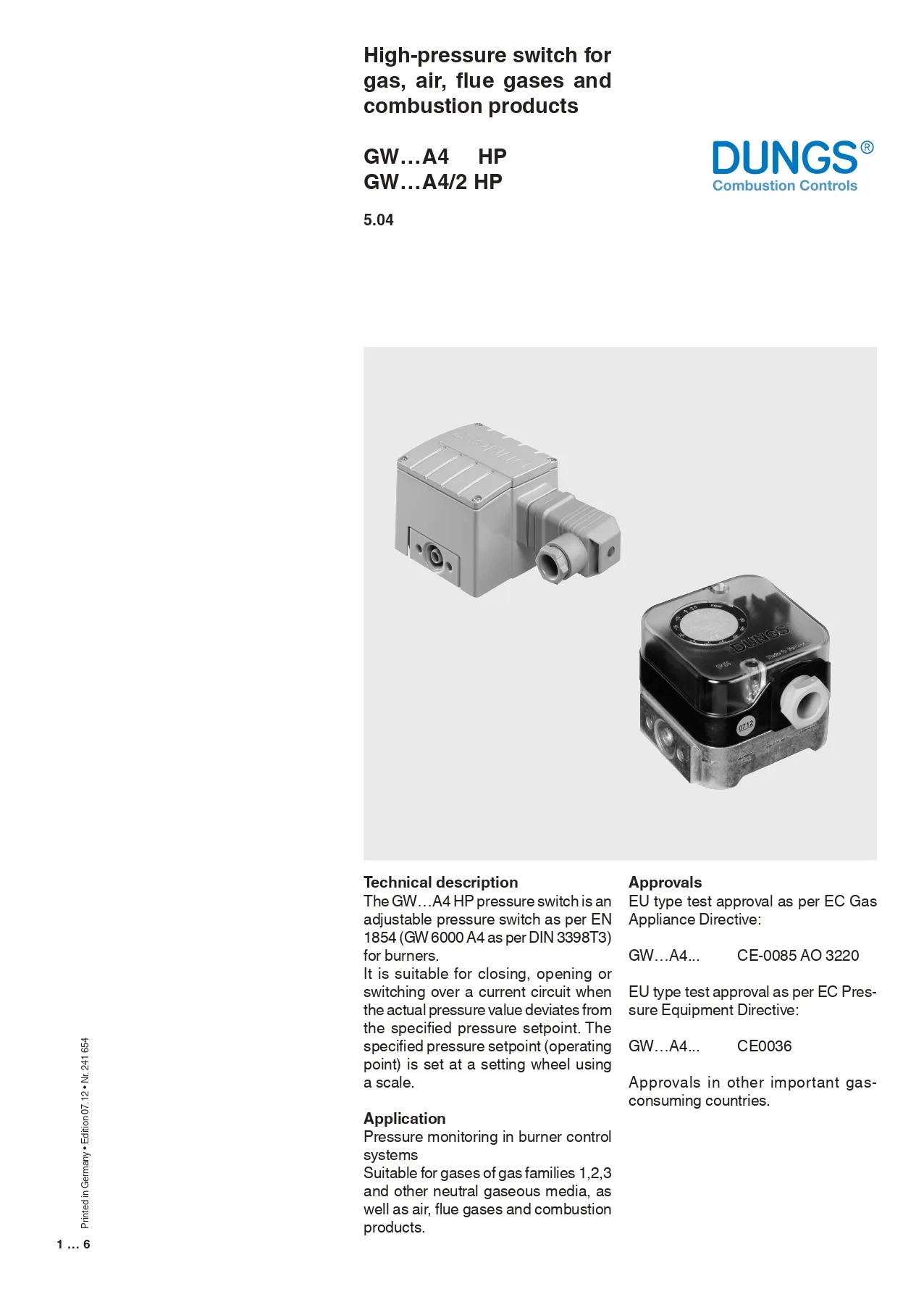 GW 6000 A4HP Dungs Gas Pressure Switch - B.S.W. Supplier And Kiln